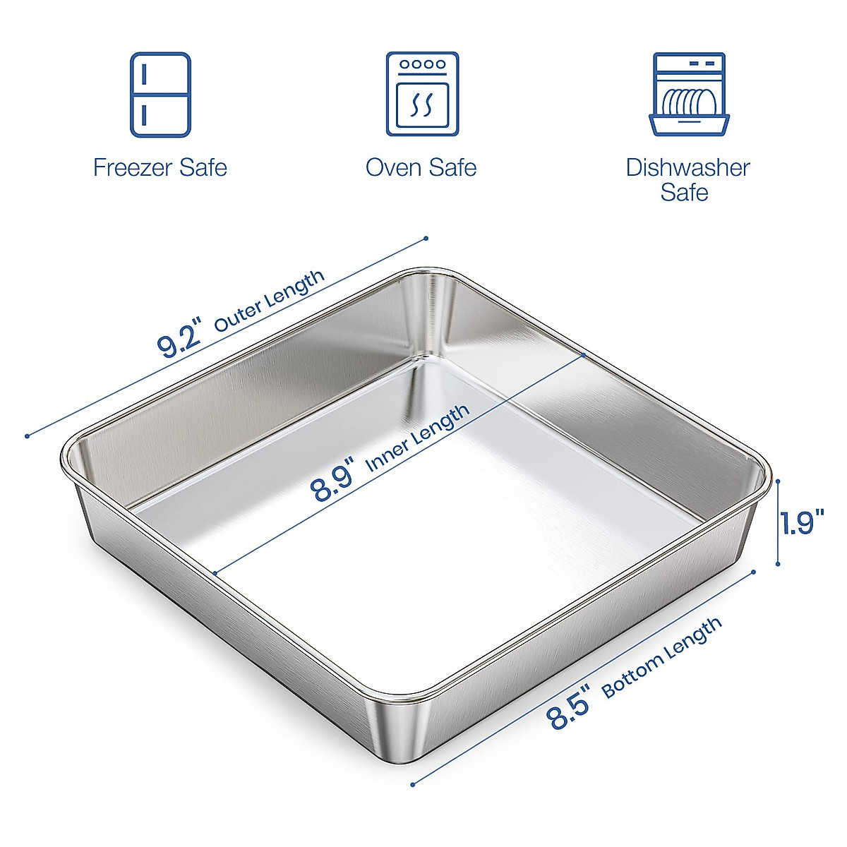 DOBADN Stainless Steel Baking Pan 2 Pcs, 9 Inch Square Roaster Oven Cookie Sheet Barbeque Grilling Pan for Baking Breads Cake, Grilling Chicken, Vegetables, Dishwasher Safe