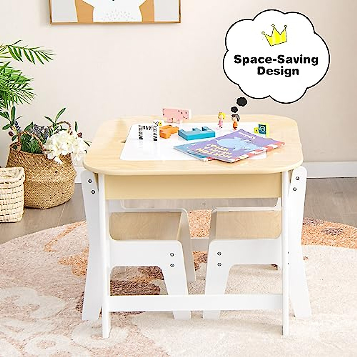 Costzon Kids Table and Chair Set, 3-in-1 Wooden Activity Table with Removable Tabletop, Blackboard & Whiteboard, Storage Space, Toddler Furniture for Arts, Crafts, Nursery, Preschool (Natural)