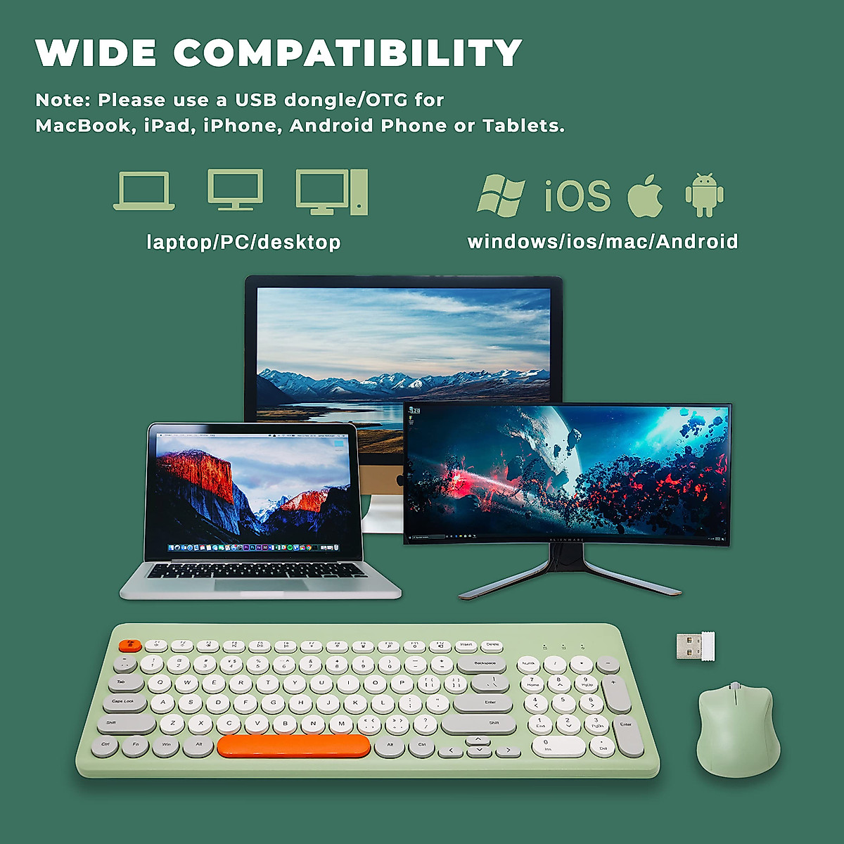 Wireless Keyboard and Mouse Combo 2.4G USB Cordless Keyboard with Number Pad,Quiet Click,Cute Round Key,Ultra Slim,Full Size for Computer Laptop PC Desktop Windows Mac,Sage Green