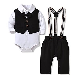 Aalizzwell Baby Boys Gentleman Outfit, Infant Vest Suspender Pants 3 Piece Formal Suit Set 3-6 Months Fall Winter Black