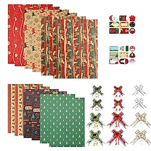 PintreeLand 12 Sheets Christmas Wrapping Paper Set(6 Large&6 Small, 59 Sq. Ft. Ttl) with 12PCS Gift Bows and Labels - Vintage Red Green Xmas Holiday Kraft Present Wrap Paper