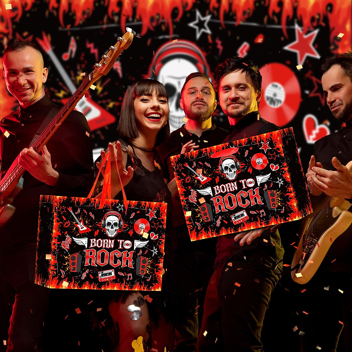 Rock Birthday Gift Bag for Men Women Rocking Music Gift Bag for Boys Girls with Card Tissue Paper, Skeleton Skull Wrapping Paper Bag for Guitar Rock and Roll Party Decorations 1950's 50s 60s Themed