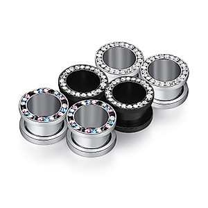 WBRWP Unisex Women and Men 6pcs/3pairs Hollow Zircon Stainless Steel Screw Ear Plugs Tunnels with ZirconEar Plugs Tunnels - Ear Expander - Ear Gauges Stretcher Body Piercing 00g(10mm)