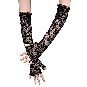 Simplicity Evening Party Wedding Fingerless Elbow Flowers Lace Gloves, Black Floral_Fingerless
