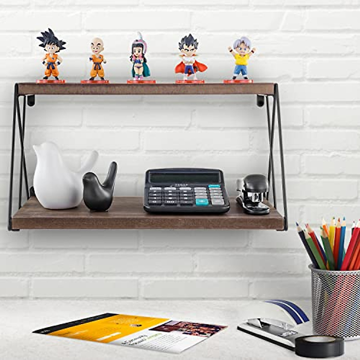 MyGift Wall Mounted 2 Tier Floating Display Shelf, Rustic Burnt Wood Collectibles Storage Shelf with Geometric Matte Black Metal Wire Side Brackets