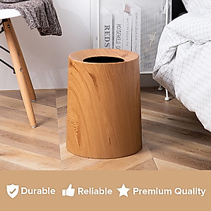 Anti Spill Wood Style Waste Basket - Kids and Pet Proof Garbage Container - Open Top Indoor Outdoor Trash Can - 12L/3.2Gal Capacity - Patio Garbage Can - Round Sleek Garbage Bin - 10inx10inx12in