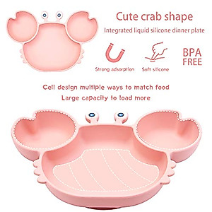 Silicone Suction Plate for Toddlers with Fork Spoon Set - Self Feeding Training Divided Plate Dish and Bowl for Baby and Toddler, Fits for Most Highchairs Trays (Pink)