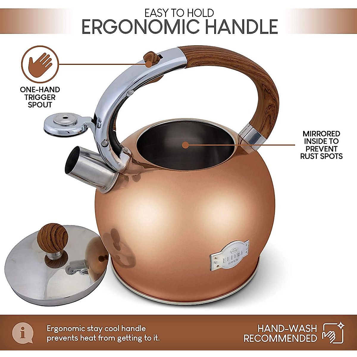 ELITRA HOME Stove Top Whistling Fancy Tea Kettle Stainless Steel Tea Pot with Ergonomic Handle 2.7 Quart / 2.6 Liter (ROSE GOLD)