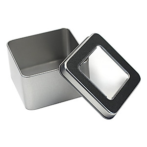 6-Pack of 8 Ounce Metal Box Square Rectangle Storage Tin Container Set with Large Clear Window Lids 3.6 x 3.6 Inches base x 2.4 inches tall