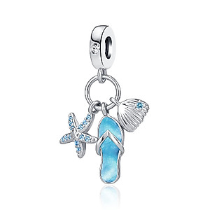 DWJSu Starfish Sea Shell Ocean Beach SlippersCharm Blue Rhinestone Dangle Bead Charm for Charms Bracelet for Girls Women, DW-DMY037