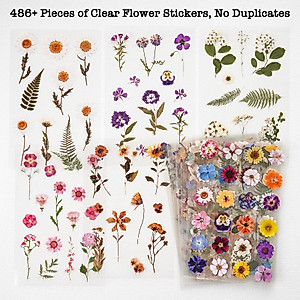Knaid Pressed Flower Themed Stickers (Assorted 486 Pieces, 36 Sheets) Dried Floral Resin Stickers Decals Botanical Journaling Sticker for Scrapbook Supplies Junk Journal Bullet Journal Planner Laptop
