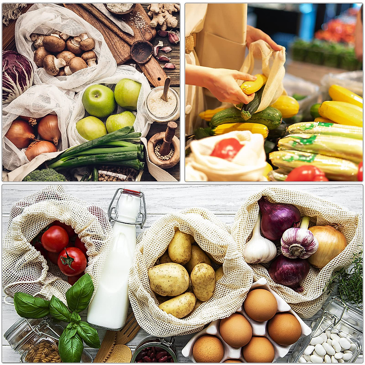 Produce Bags Reusable Washable - Vegetable Bags, Grocery Bags, Cotton Mesh Bags, Produce Storage Bags, See Through Tare Weight Bulk Drawstring Net Bags for Veggies and Fruits （6 Pack，2S/2M/2L）