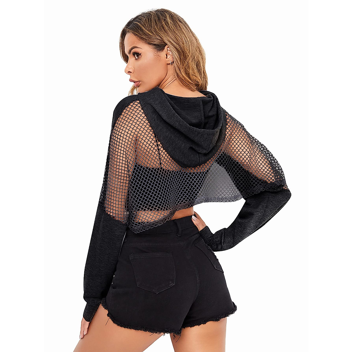 Verdusa Women's Sheer Fishnet Drop Shoulder Drawstring Hoodie Crop Sweatshirt Black S