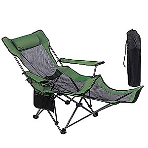 NURTUDIS Camping Lounge Chair, Portable Camping Chair with Footrest, Folding Reclining Camping Chair,Storage Bag & Headrest, Mesh Recliner, 330lbs Weight Capacity (Green)