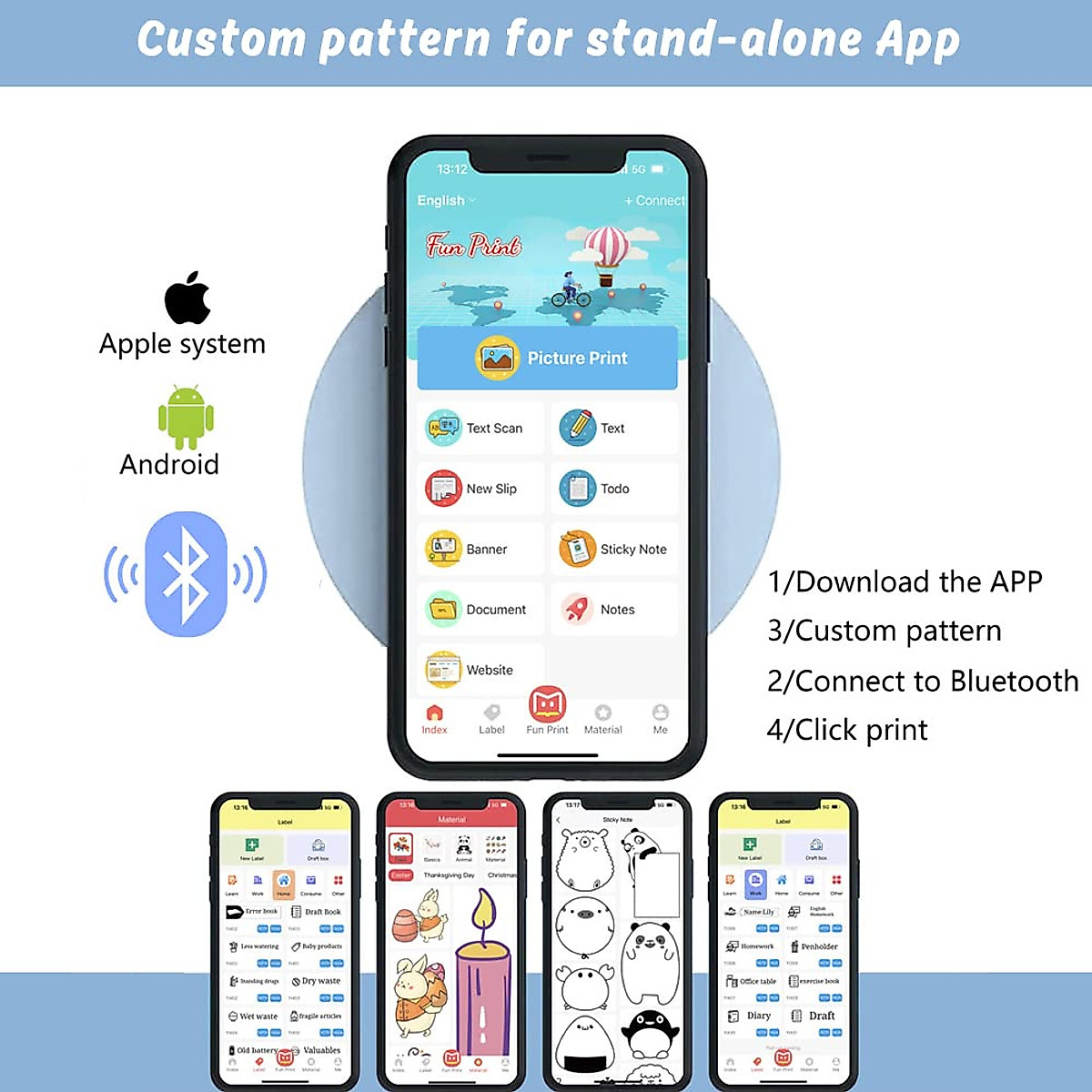 Portable Sticker Printer - Mini Instantly Print Customized Sticker, Bluetooth Wireless Sticker Printer for Office Home Organization, Pocket Thermal Printer Compatible with iPhone/Android (White)