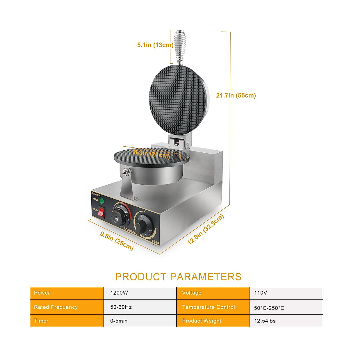 Commercial Waffle Cone Maker Ice Cream Cone Machine 1200W Non Stick Coating Timer and Temperature Control Use for Home Restaurant Dessert Station Hotel Bakery Gift