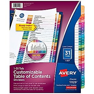 Avery 31-Tab Dividers for a 3 Ring Binders, Customizable Table of Contents, Multicolor Tabs, 1 Set (11129)