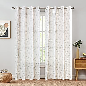 jinchan Linen Curtains for Living Room Green Diamond Embroidered Curtains Geometric Patterned Window Drapes Flax Window Treatment Set for Bedroom Grommet Curtains 84 Inches Long 2 Panels