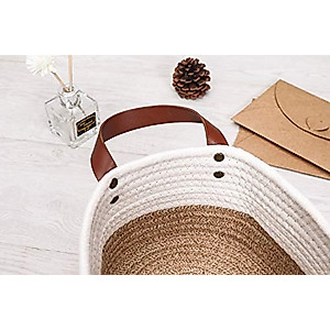ZFRXZ Small Cotton Rope Basket with Handles, Oval Woven Basket Diaper Caddy, Storage Bins Toy Organizer, Baby Basket (White-Jute, 12"×8"×5")