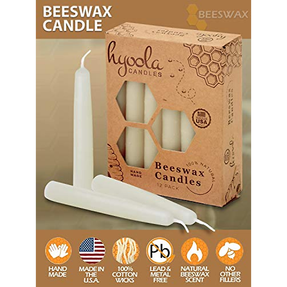 Hyoola Beeswax Candles 12 Pack - All Natural 100% Beeswax Tree Candles - 1/2 Inch Candles - Handmade in The USA - White