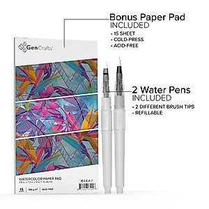 GenCrafts Watercolor Palette with Paper Pad 24 Premium Colors - 2 Refilable Water Brush Pens - 15 Sheets of Water Color Paper - Portable Painting