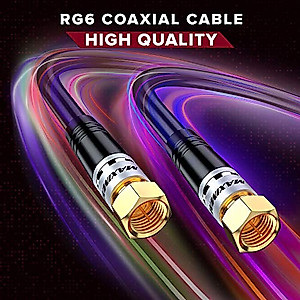Coaxial Cable 2 ft Triple Shield - RG6 Coax Cable, TV Cable for Digital TV Aerial, Satellite Cable - Cable Cord Cable Wire- with Gold Plated F Connectors - Black, 2 Feet, 2 Pack