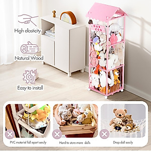 mloong Large Stuffed Animal Zoo Storage, 58" Tall Wooden Stuffed Animal Cage, Stuffed Animal Zoo Wood Soft Toy Organizer, Applicable Kids Nursery Play Room Bedroom (Pink)