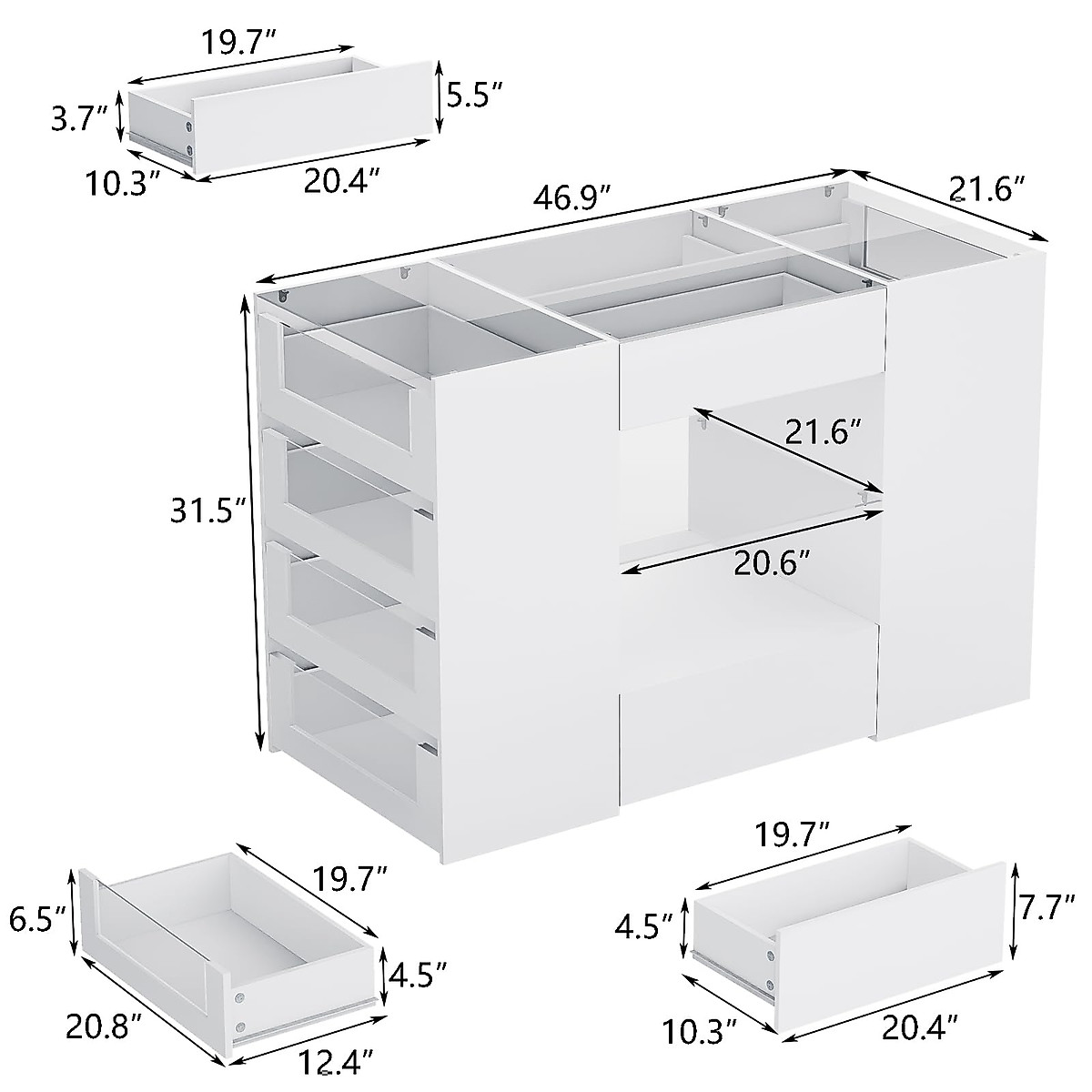 LIVAUVEAD Closet Island with Drawers, Wardrobe Armoire Bedroom Island, Glass Display Shelf & 12 Drawers, White Dresser with Glass Top, Walk-in Closet Island for Bedroom, Cloakroom