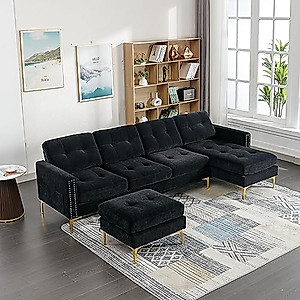UBGO 110" Large Sofa,Living Room Furniture Sets,U/L-Shape Sectional Chaise Lounge and Convertible Ottoman,Velvet Couches for Apartment,Office (Black)