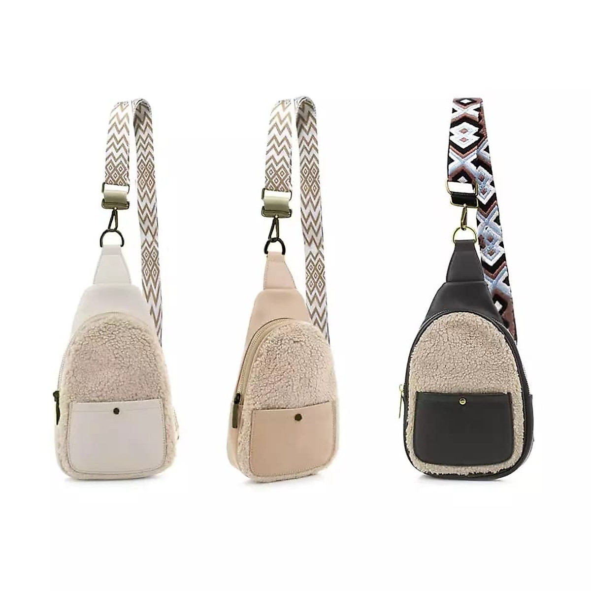 HAIBOLAN Cute Plush Cross-Body Sling Bag Vegan Leather Crossbody Women Fluffy Chest Purse (khaki)