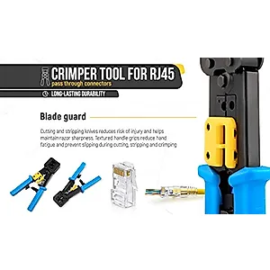 EMS RJ45 Crimp Tool Kit, With 50 Cat6 Pass Through Connectors and 50 Clear Cable Strain Relief Boots + Extra blades - EZ Cut, Strip, Crimp Ethernet Cables
