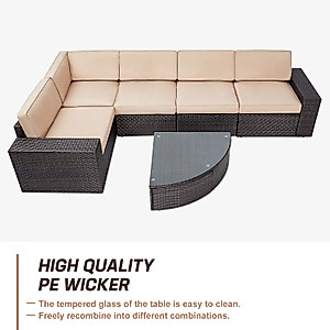 Patiomore 6 Pieces Outdoor Patio Furniture Sets, All-Weather Wicker Rattan Chair Conversation Sectional Sofa with Tempered Glass Table, Brown
