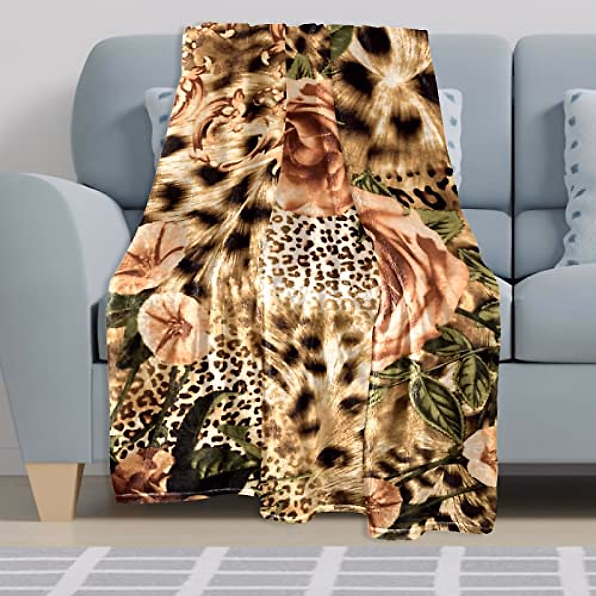 Bedding Bed Blanket Queen Size Plush Blanket Fleece Blanket for Bed and Couch, Leopard Print Retro Rose Floral