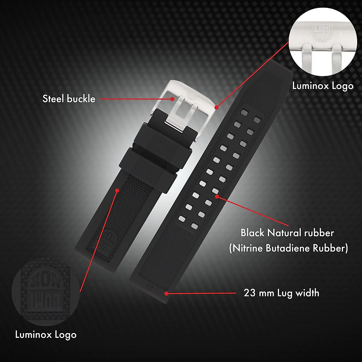 Genuine Luminox Watch Bands FPX.3050.20Q.2.K - Strap Replacement 23 mm Black Rubber Strap with Steel Buckle for Navy SEALs Series 3050