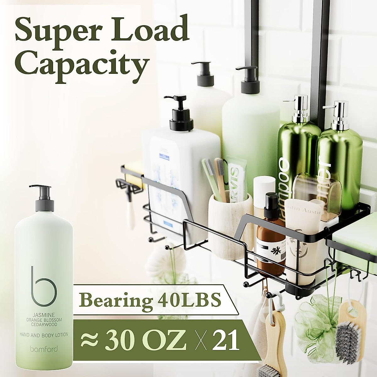 Skyapex Hanging Shower Caddy Over Showerhead, Extended Long Adjustable Bathroom Shower Organizer Hanging with 2 Soap Holders and 12 Hooks, Rustproof Large Capacity Shower Rack, Stainless Steel, Black