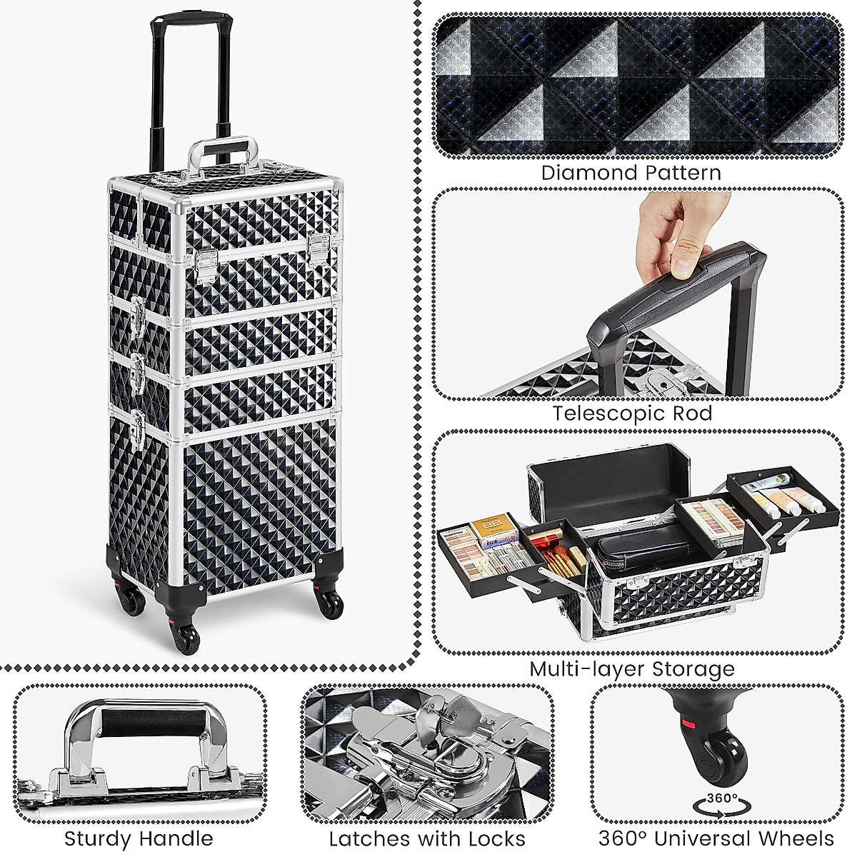 Yaheetech Professional Makeup Train Case 4 in 1 Cosmetic Trolley Nail Tech Travel Case Rolling Makeup Organizer Salon Barber Case with Wheels Hairstylist