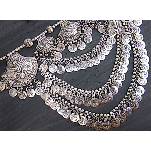 Womens Fashion Beaded Belt with ties | Metal Coin Medallion Silver Plated Antique Vintage Finish | Tribal Fusion Belly Dance Festival Boho Gypsy Hippie Kuchi Hip Waist Body Jewelry | Original Design