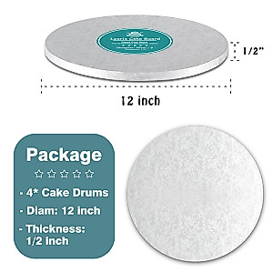 Silver Cake Drum Round 12 Inch Cake Boards with 1/2-Inch Thick Smooth Edges for Multi Tiered Birthday Wedding Party Cake Drums Board
