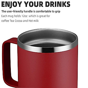 MEWAY 12oz Coffee Mug With Handle 2 Pack Bulk,Stainless Steel Insulated Travel Tumblers With Sliding Lid,Double Wall Vacuum Camping Cup for Hot & Cold Drinks Tea (Red,Set of 2)