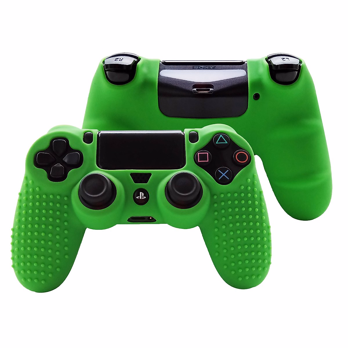 PS4 Controller Grips,Pandaren Studded Anti-Slip Silicone Cover Skin Set Compatible for PS4 /Slim/PRO Controller(Green Controller Skin x 1 + FPS PRO Thumb Grips x 8)