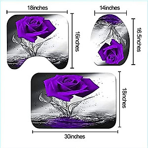 Purple Rose Bathroom Sets with Shower Curtain and Rugs Water Purple Rose Shower Curtain Set with Non-Slip Rugs,Bath Mat,Toilet Lid Cover and 12 Strong Hooks,Modern Style Shower Curtain for Bathroom