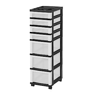 IRIS USA Plastic Drawer Storage Organizer Rolling Cart, with Wheels Casters, 7-Drawers, for Classroom Art Craft Supplies Dresser Closet Bathroom Dorm Bedroom Laundry Room, Black/Pearl