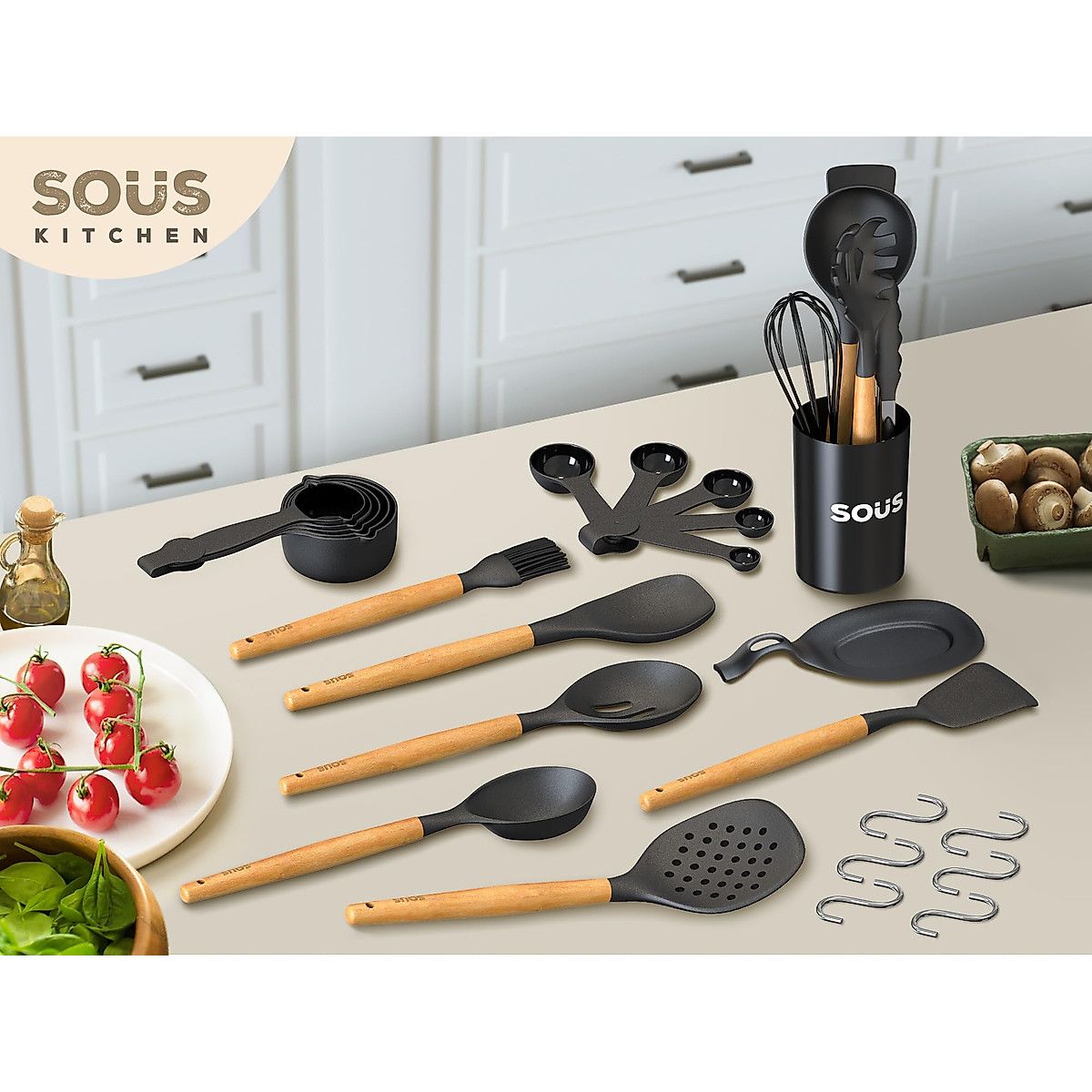 Sous Kitchen Silicone Kitchen Utensils Set & Silicone Cooking Utensils - Kitchen Silicon Utensil Set Wooden Handles - Cooking Utensil Set & Baking Essentials - 30 pcs Silicone Spoons for Cooking