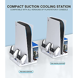 PS5 Stand and Cooling Station with Dual Controller Charging Station Compatible with PS5 Controller,Compact PS5 Accessories with Cooling Fan,Controller Charger,2 in 1 USB Cable, Media Slot, Screw