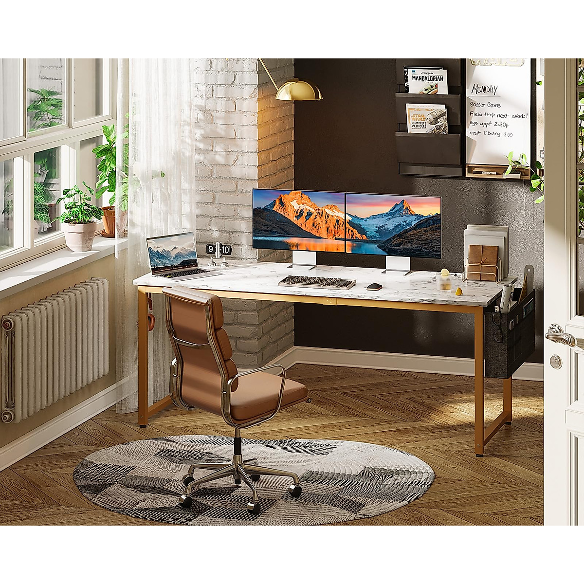 ODK Computer Desk Large Office Desk, 63 Inch Gaming Desk with Storage, Modern PC Desk Work Table with Headphone Hook for Home Office, Spliced Board, White + White Leg