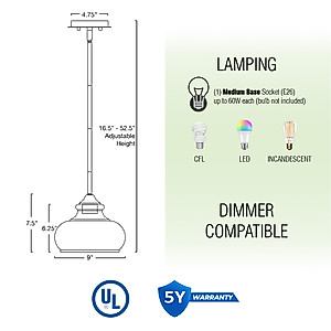 Kira Home Harlow 9" Modern Industrial Farmhouse/Schoolhouse/Rustic Pendant Light with Clear Glass Shade, Adjustable Hanging Height, Brushed Nickel Finish