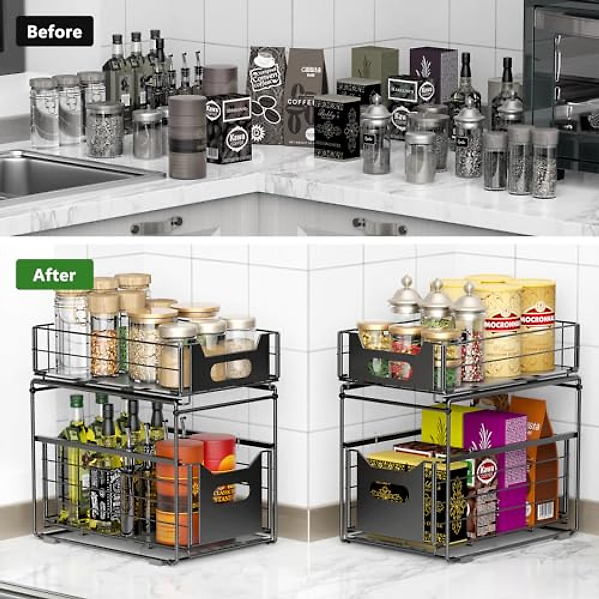 PIGTAB Metal Under Sink Organizer, 2 Sets of 2-Tier Multi-Purpose Bathroom Organizers and Storage, Pull Out Kitchen Organizers and Storage, Cabinet Organizer for Kitchen, Bathroom, Black