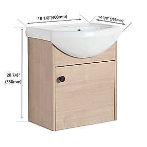HomSof Small Size 18 Inch Bathroom Vanity with Ceramic Sink,Wall Mounting Design，18"x14", Plain Light Oak
