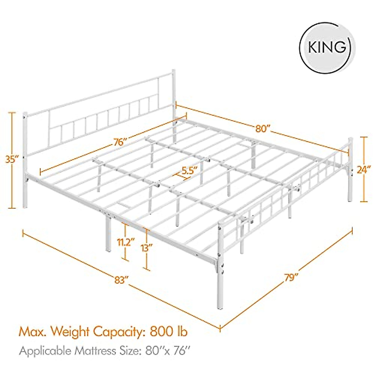 Yaheetech King Size Metal Bed Frame with Headboard and Footboard Platform Bed Frame with Storage No Box Spring Needed Mattress Foundation for Adults White