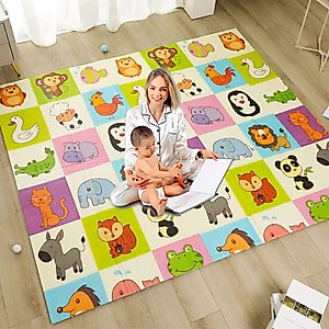 79 x 71” Baby Play Mat Reversible Foldable Floor Playmat Extra Large Thick Foam Playmat Non-Toxic Waterproof Crawling Mat for Infants Toddlers and Kids Indoor Outdoor Use (Car-Animal)